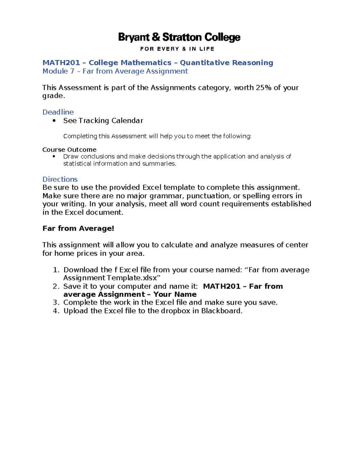 MATH201 - Module 7: Far from Average Assignment Overview - Studocu