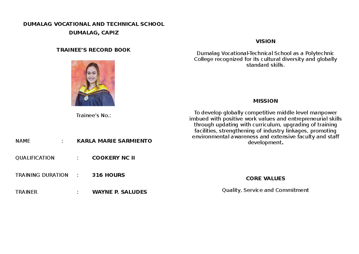Cookery NC II Training Record Book for TESDA Students - Studocu