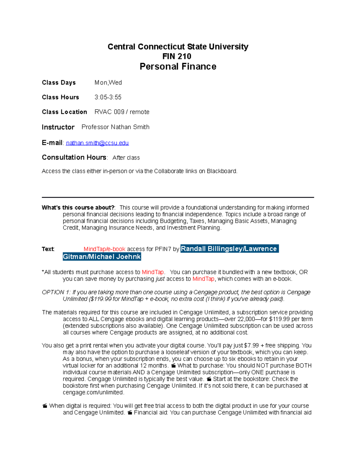 FIN210 Sp21 Personal Finance Course Syllabus and Overview - Studocu