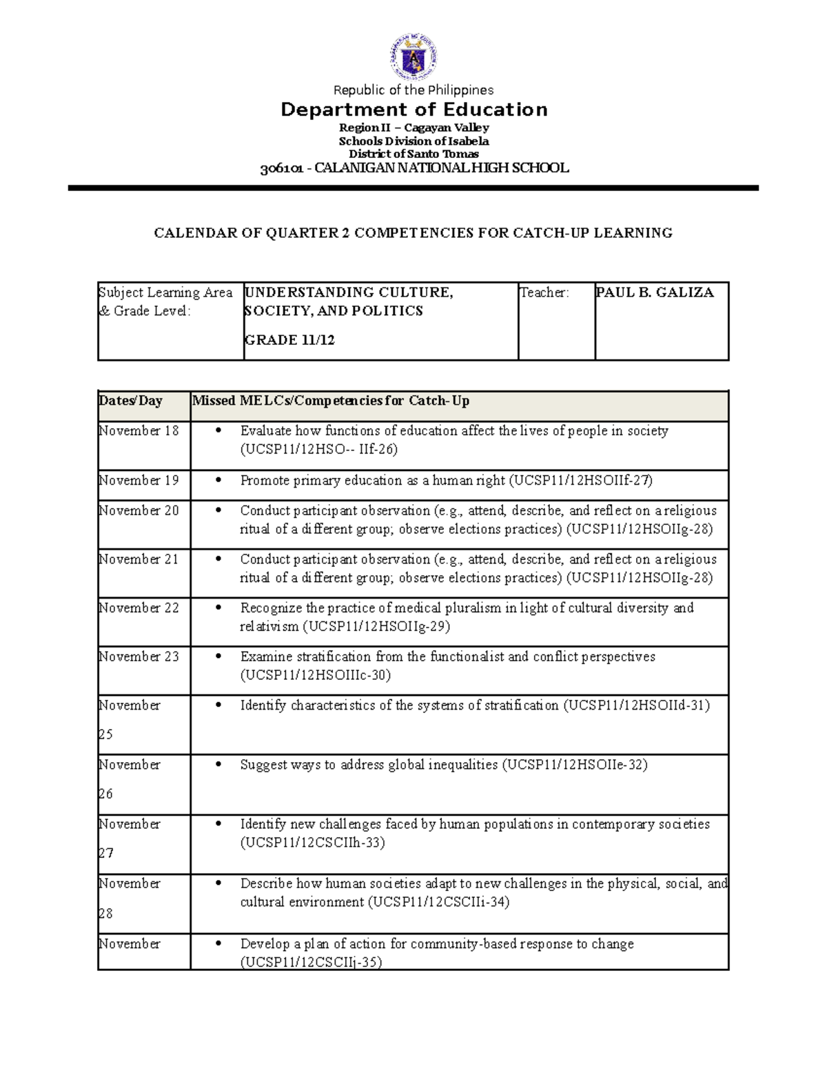 Calendar-of-Activities Catch-up-Plan UCSP - A Republic of the ...
