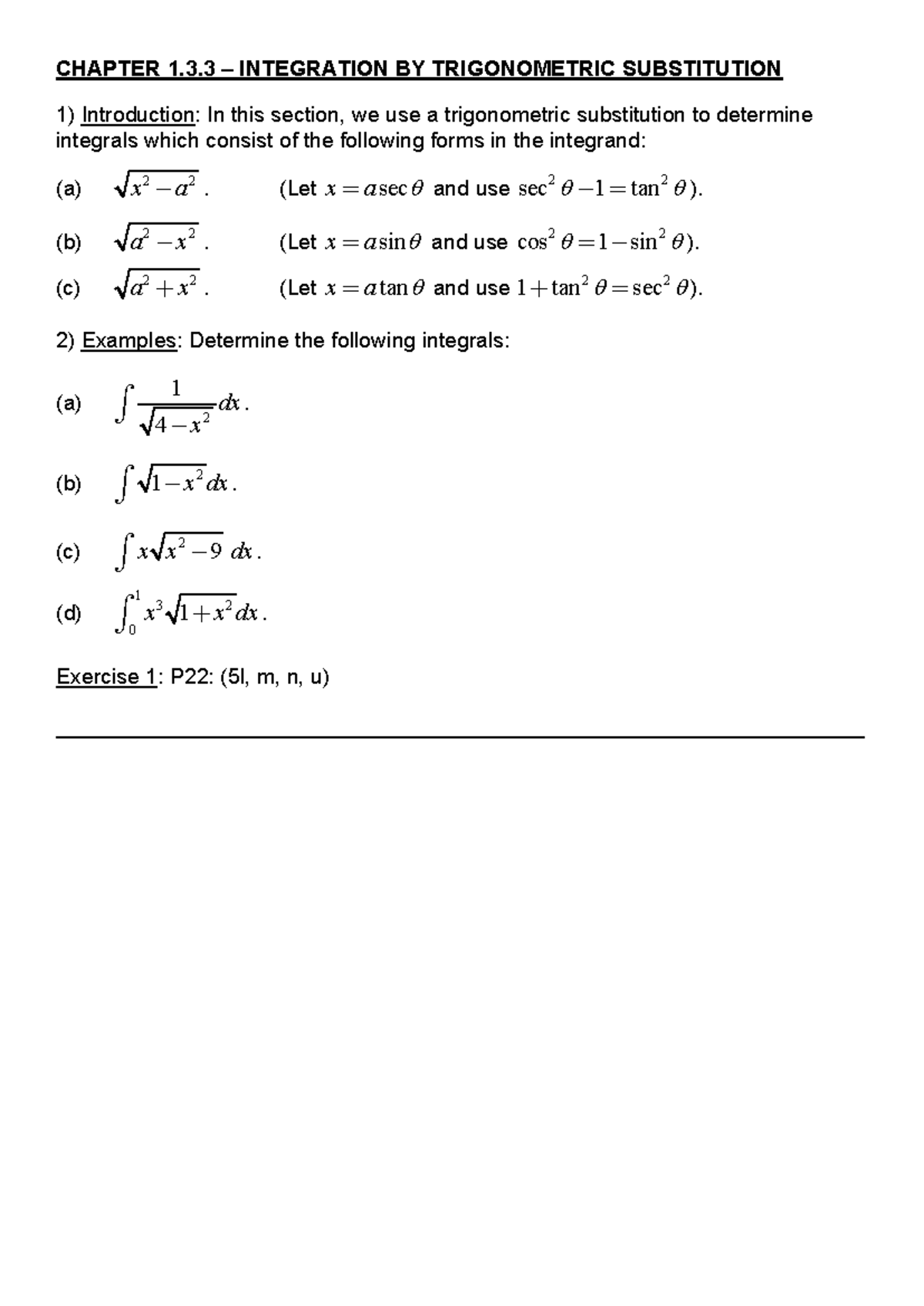 CHAPTER 1.3.3 INTEGRATION: TRIGONOMETRIC SUBSTITUTION NOTES - Studocu