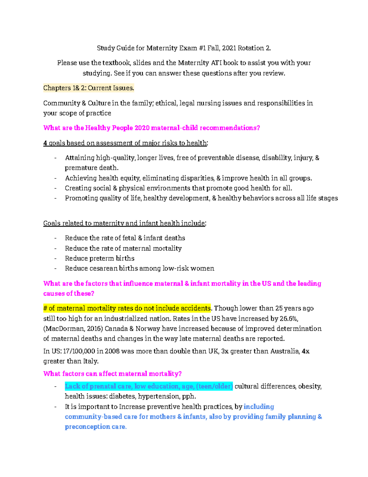 Maternity test 1 notes - Study Guide for Maternity Exam #1 Fall, 2021 ...