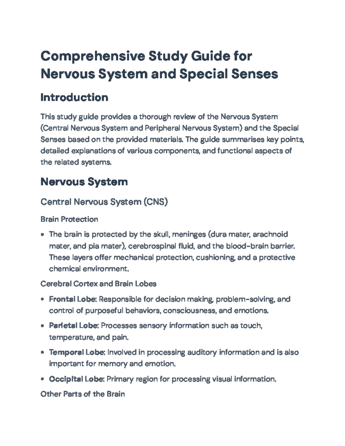 Comprehensive Study Guide: Nervous System & Special Senses Overview ...