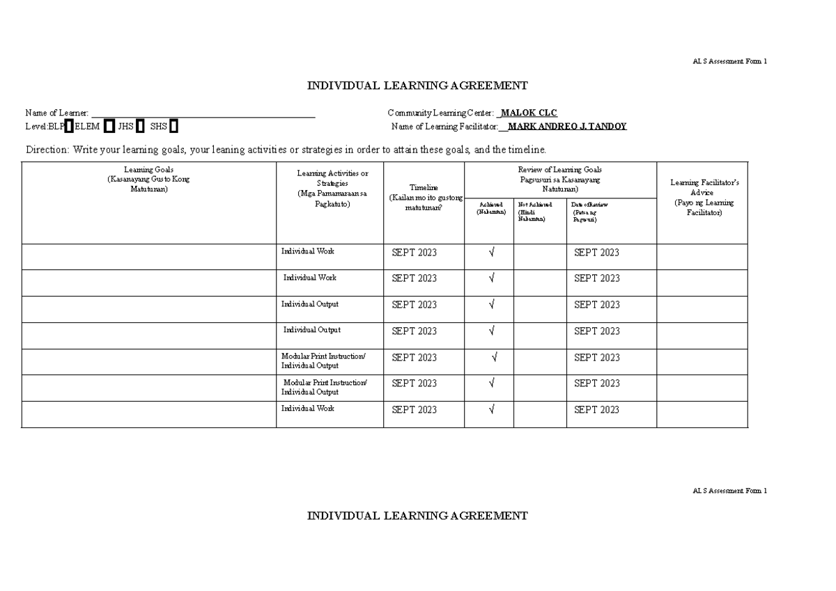 ALS Individual Learning Agreement Assessment Form 1 - Studocu
