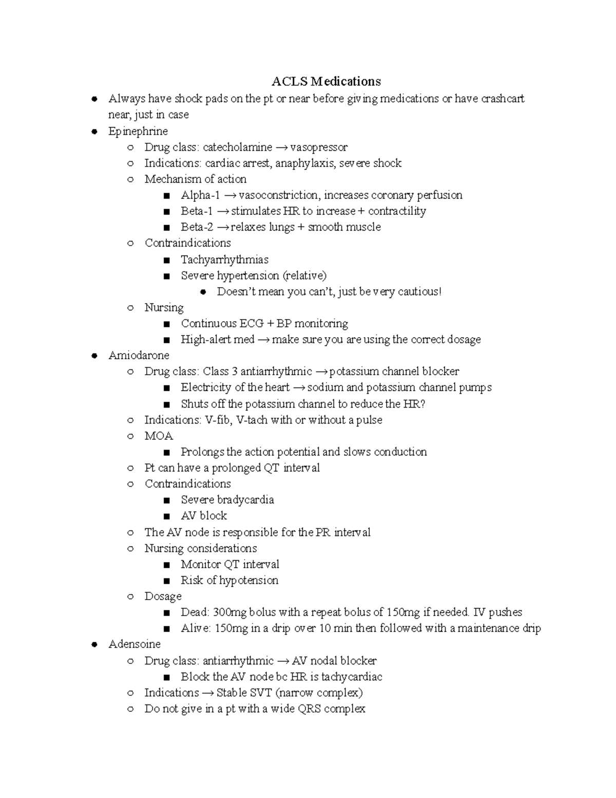 ACLS Medications Overview: Key Drugs and Nursing Considerations - Studocu