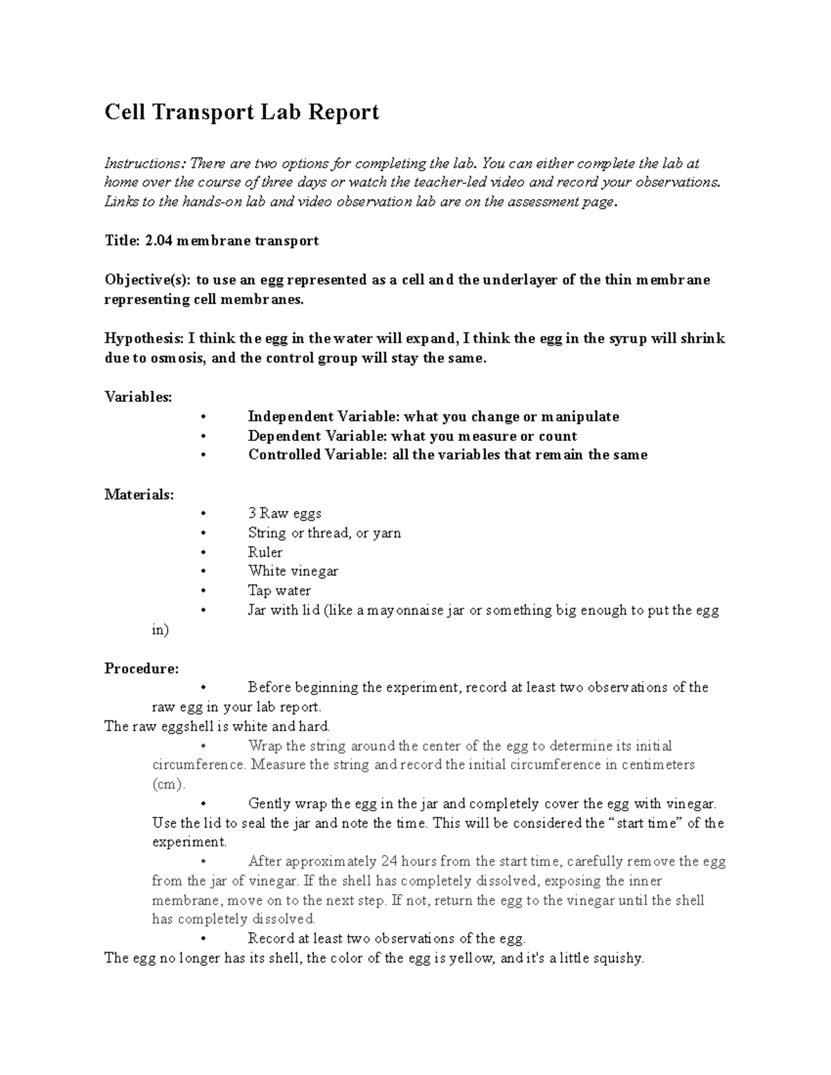 2.04 Cell Transport Lab Report: Osmosis in Egg Experiment - Studocu