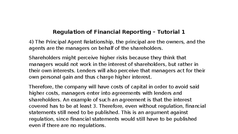 Regulation of Financial Reporting - Tutorial 1: Principal-Agent ...