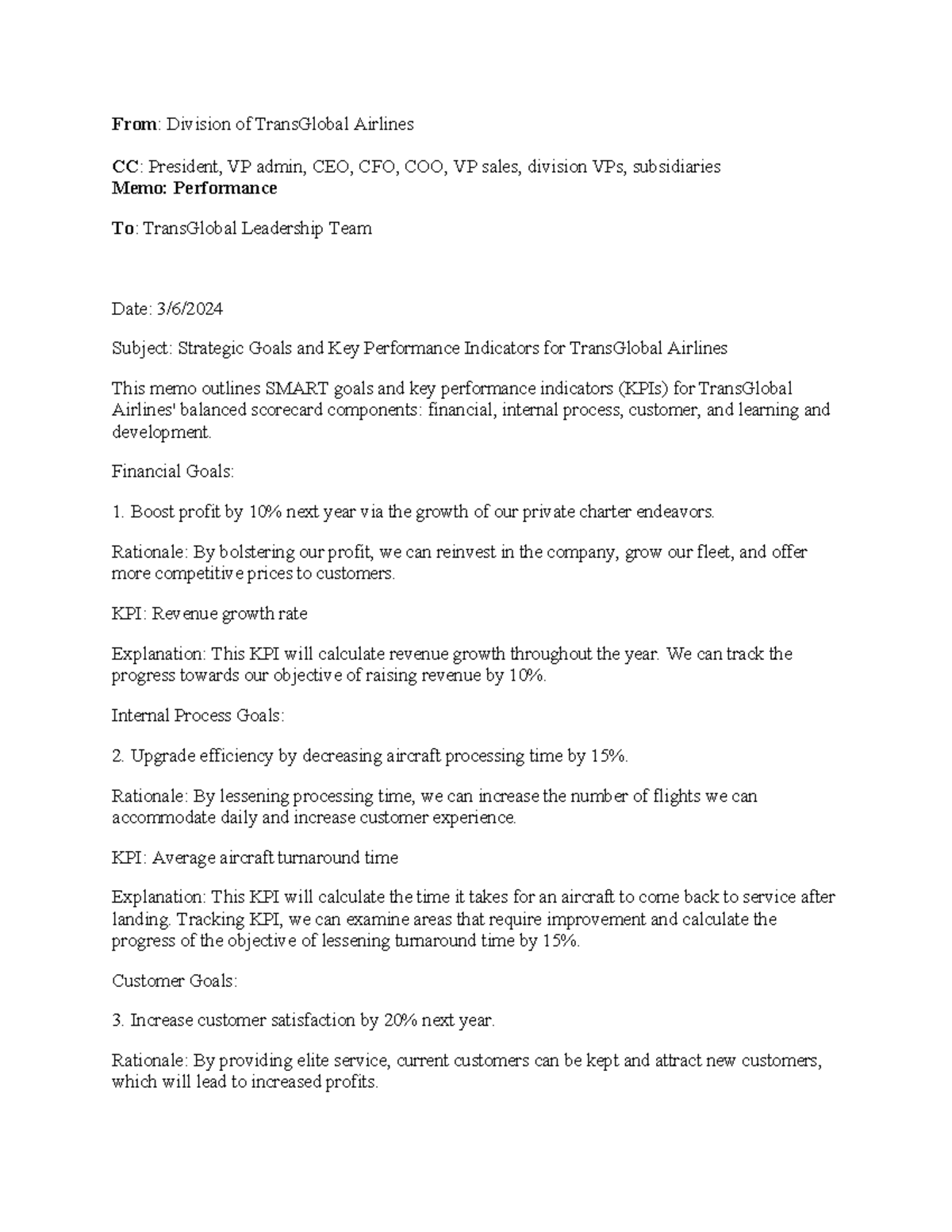 TransGlobal Airlines Memo: Strategic Goals & KPIs Overview - Studocu