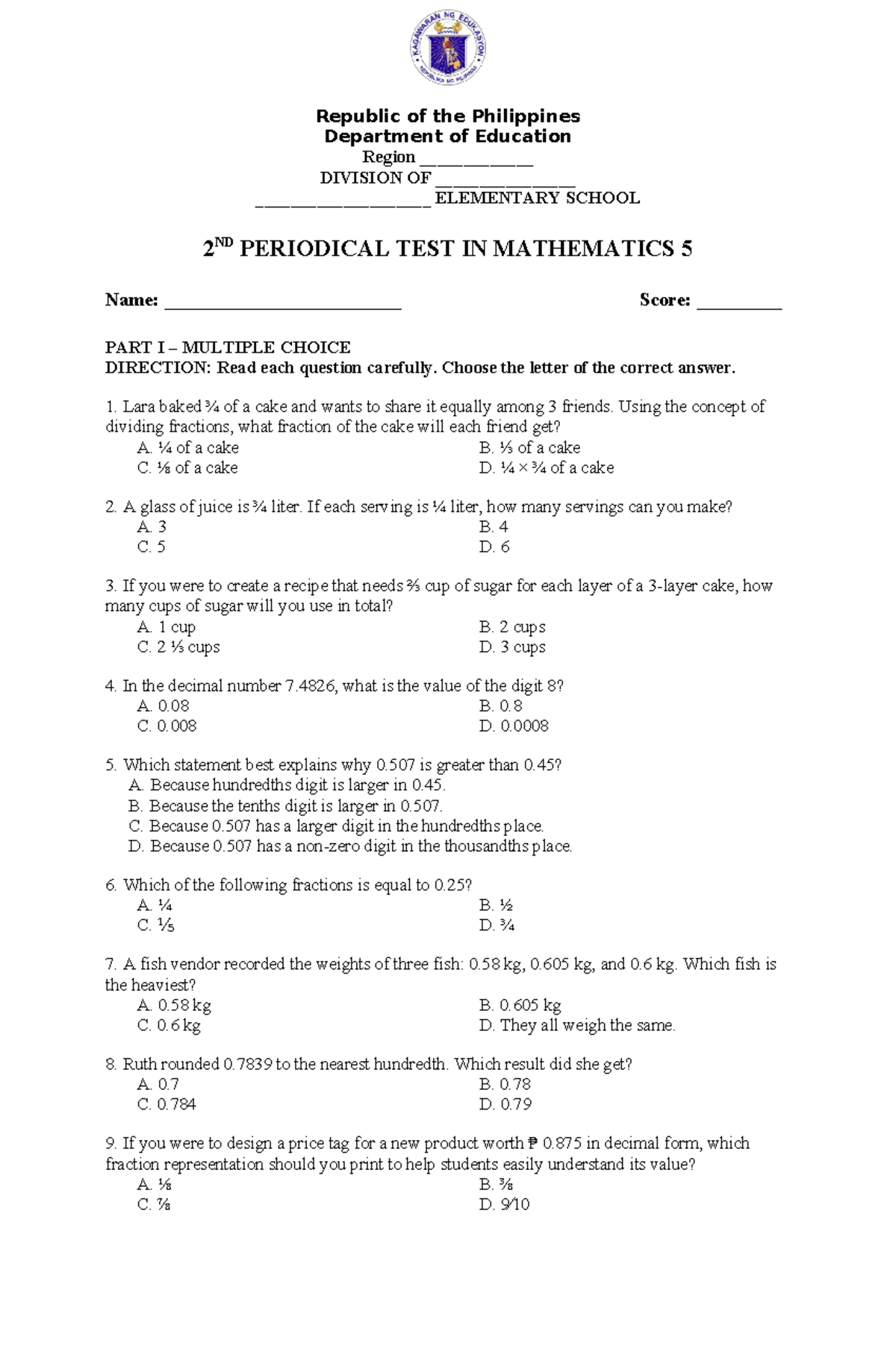 DTC PT Q2 Mathematics 5 Periodical Test with Answer Key - Studocu