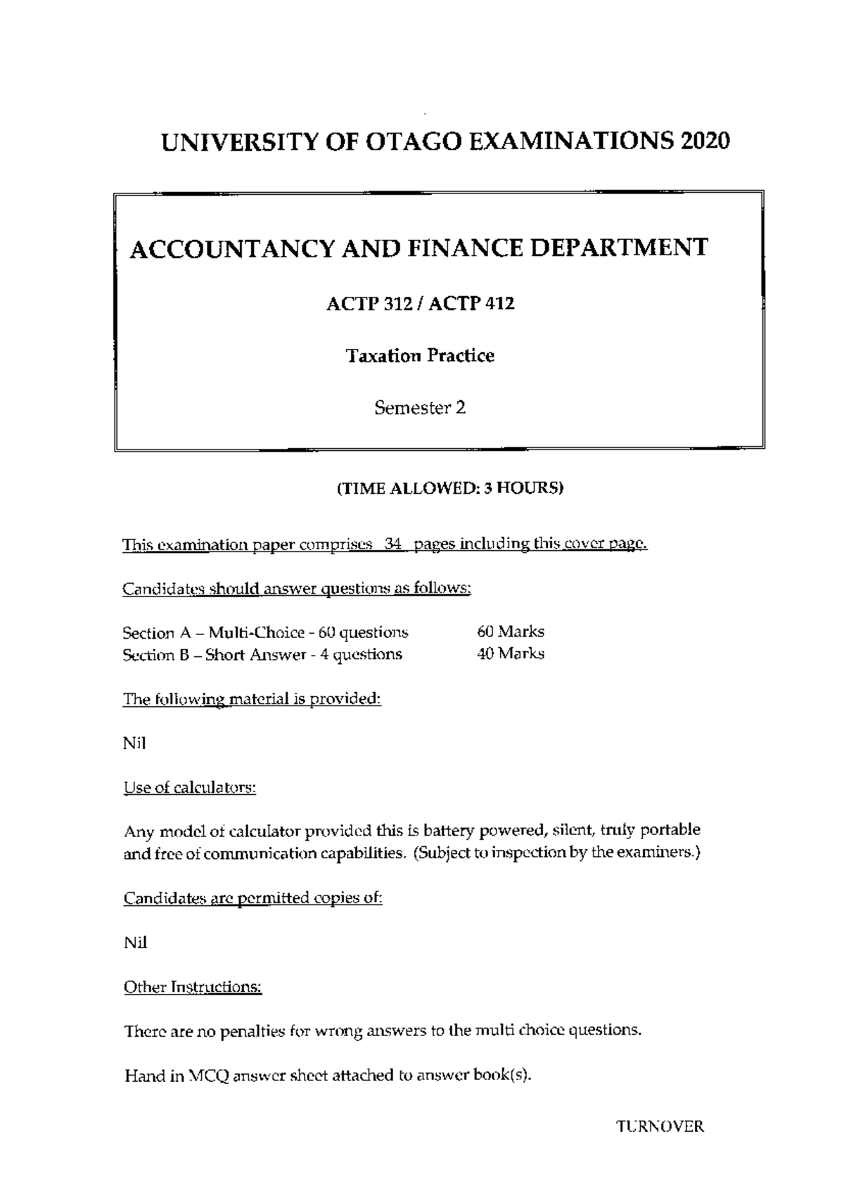 ACTP 412 2020 Taxation Practice Exam Paper - University of Otago - Studocu