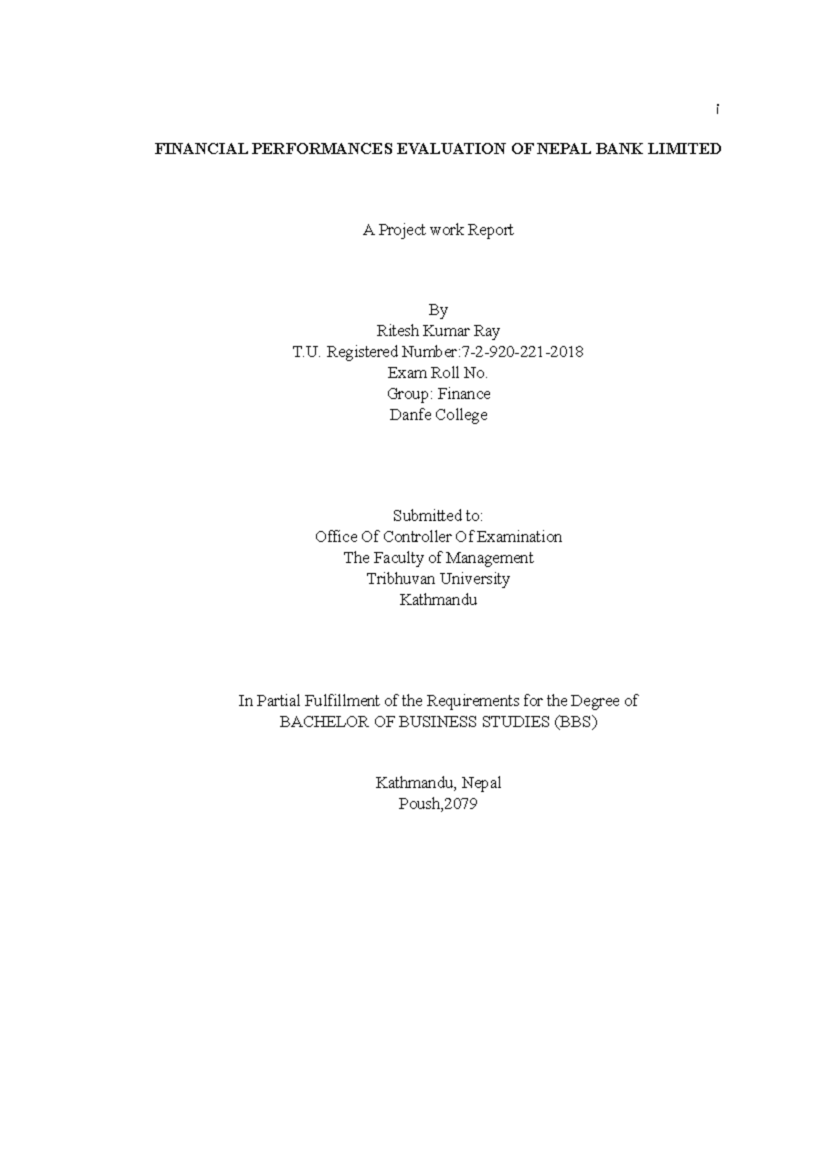 Report BBS 4th Year - FINANCIAL PERFORMANCES EVALUATION OF NEPAL BANK ...