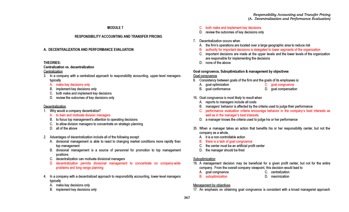 Responsibility Accounting and Transfer Pricing: Decentralization ...