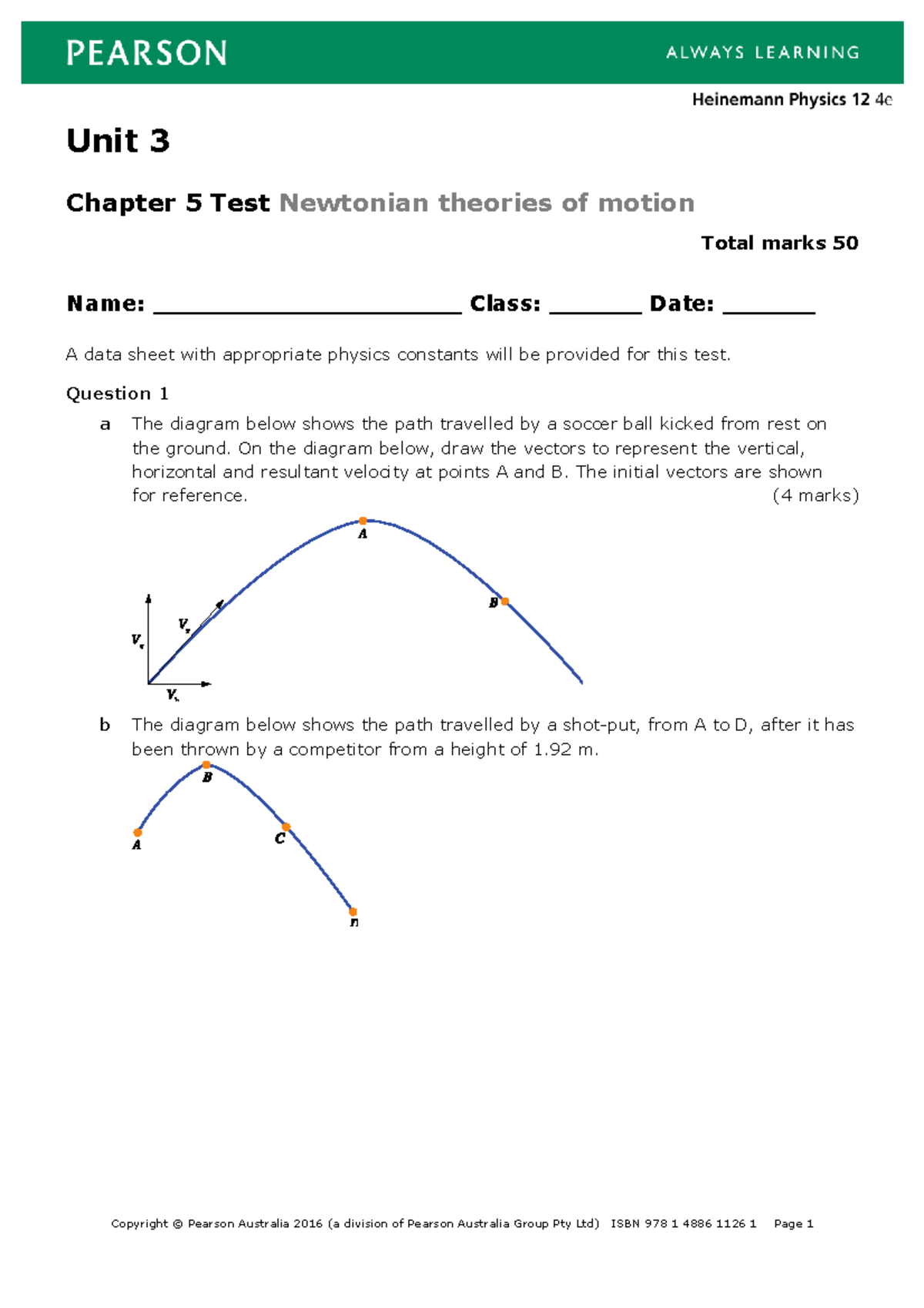 VPH12 Unit 3 Ch5 Test: Newtonian Motion Practice SAC - Studocu