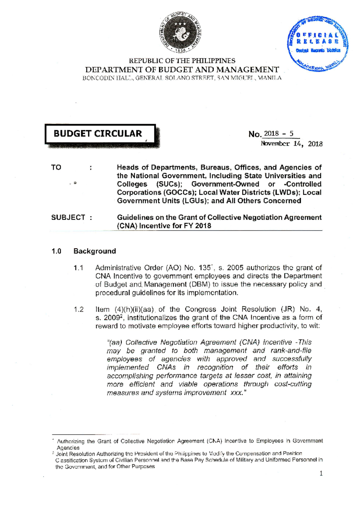 Guidelines on Granting CNA Incentive (Budget Circular No. 2018-5) - Studocu