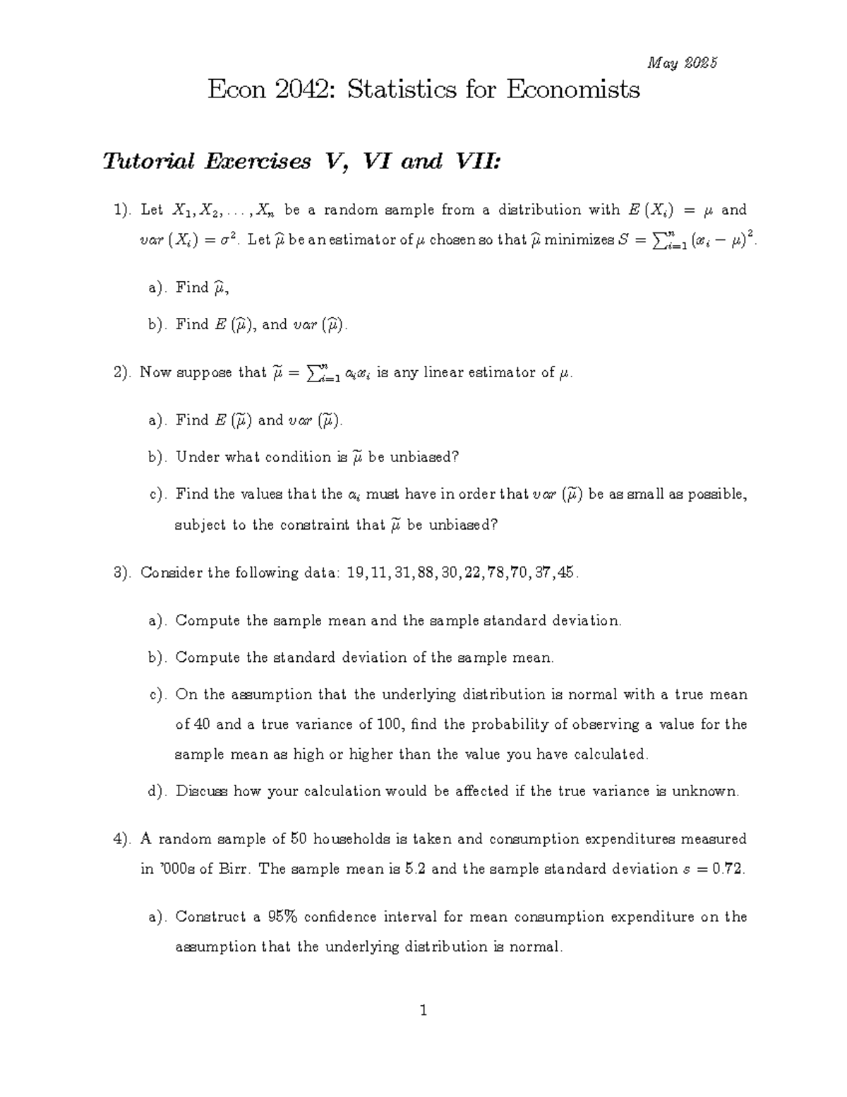 May 2025 Econ 2042: Tutorial Exercises V, VI & VII on Statistics for ...