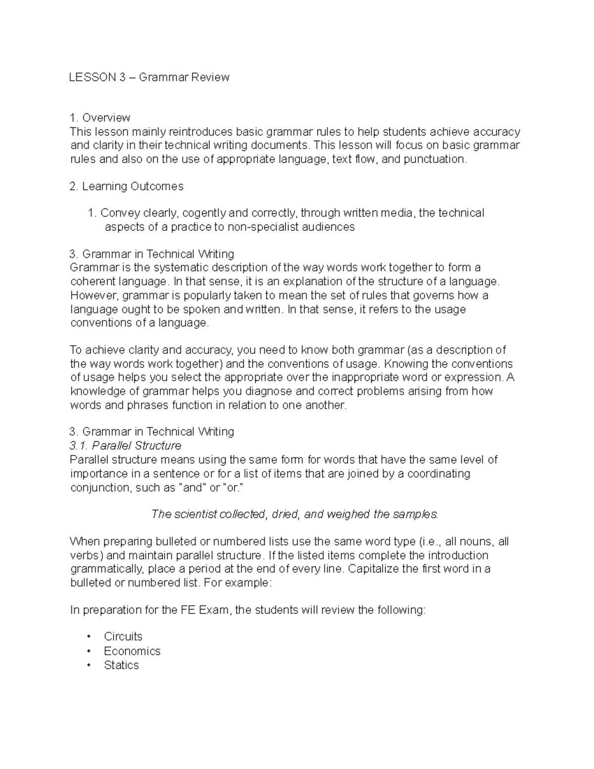 Technical Writing - Lesson 3: Essential Grammar Review - Studocu