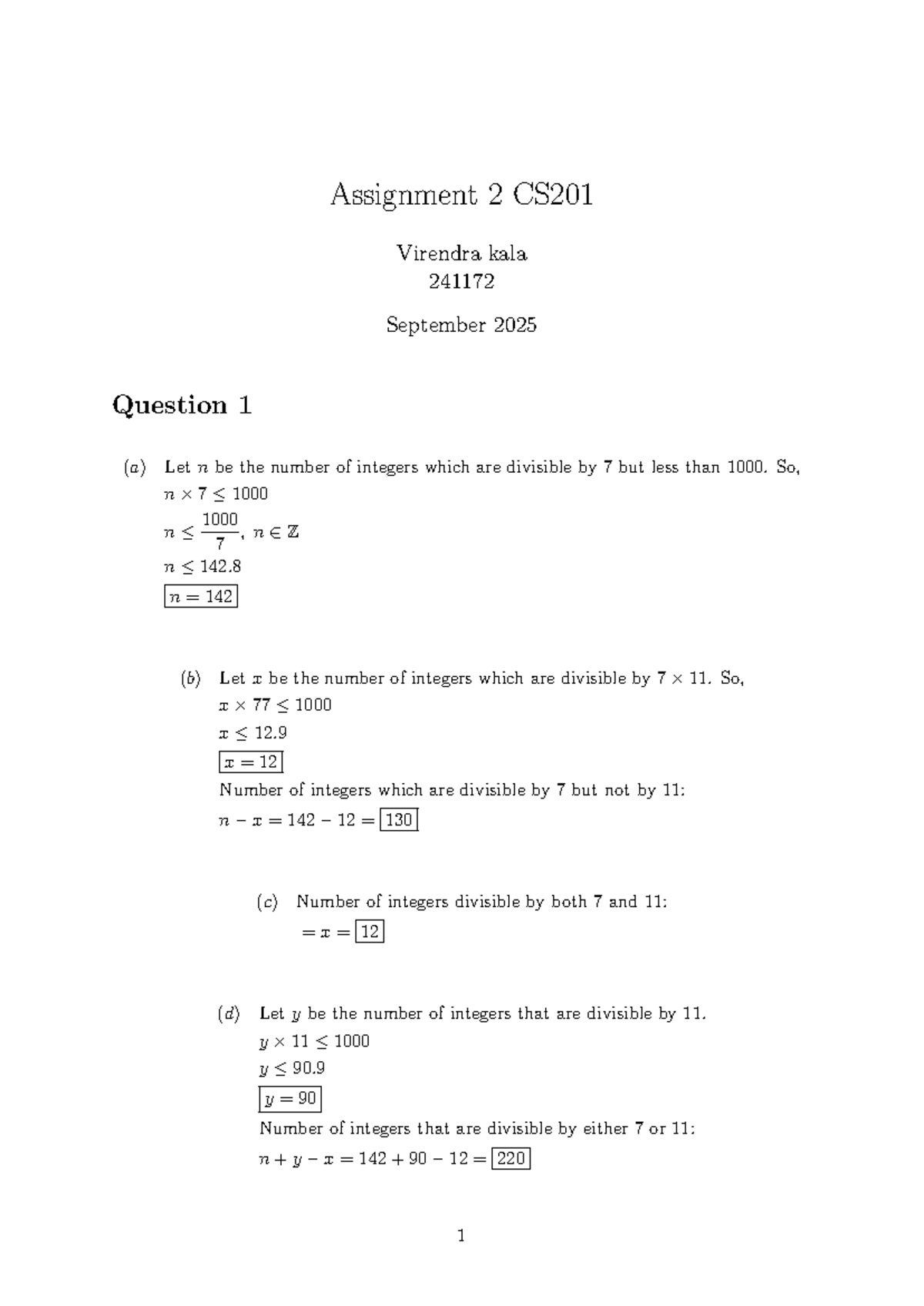 Assignment 2 CS201: Integer Divisibility and Combinatorial Proofs - Studocu