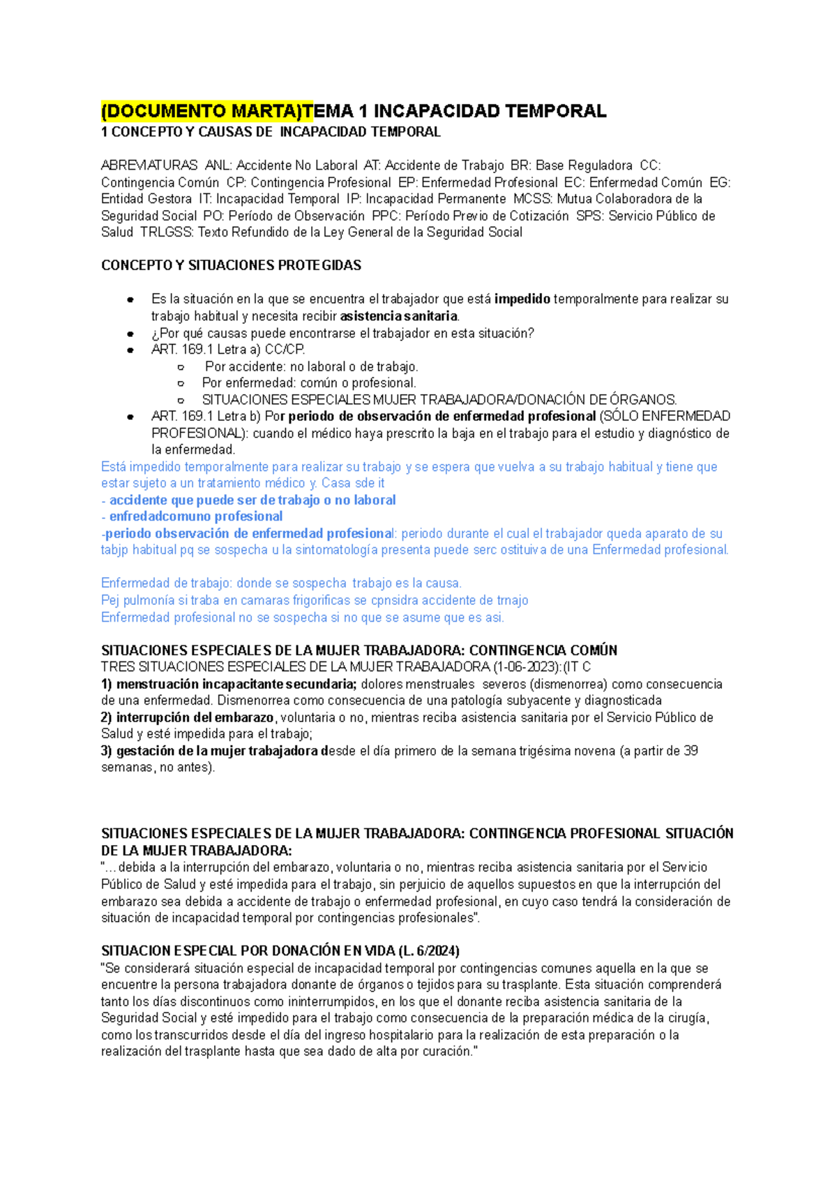 TEMA 1: INCAPACIDAD TEMPORAL - CONCEPTOS Y CAUSAS (DOCUMENTO MARTA ...