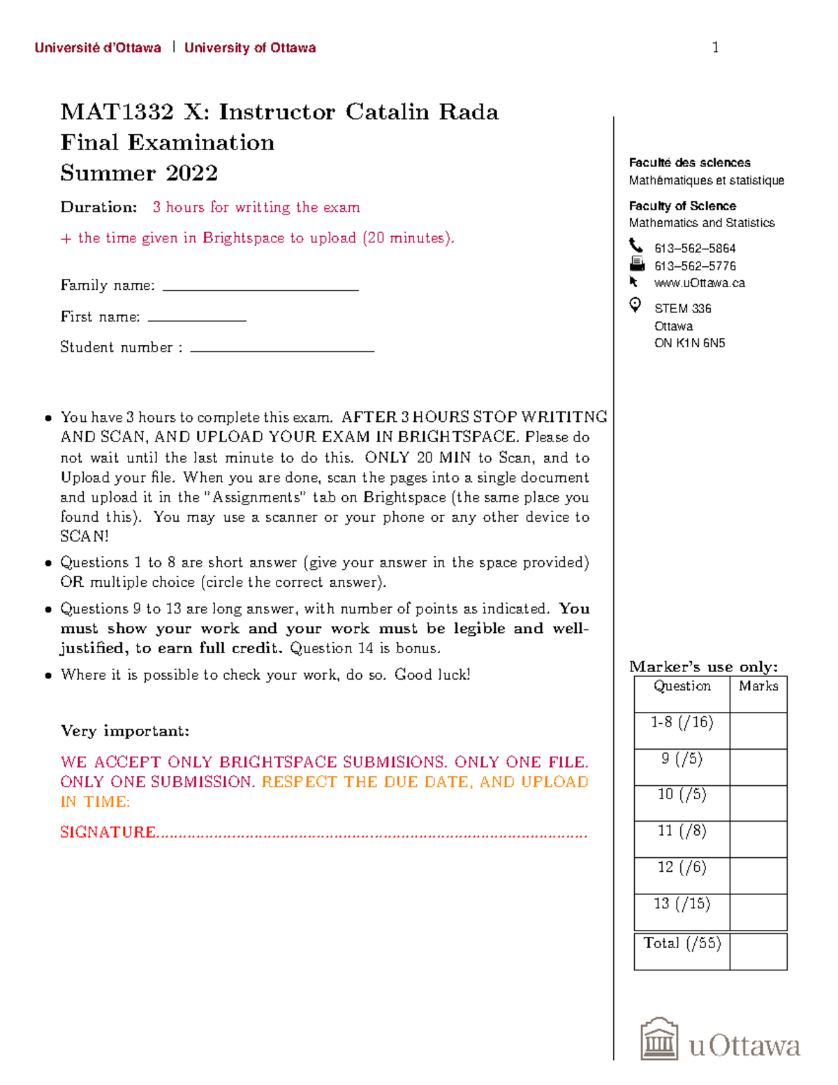 MAT1332 X S 22 - Final Exam by Professor Rada (Summer 2022) - Studocu