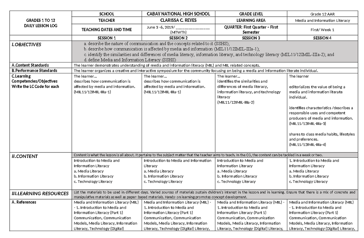 Grade 12 Daily Lesson Log: Media and Information Literacy (MIL) - Studocu