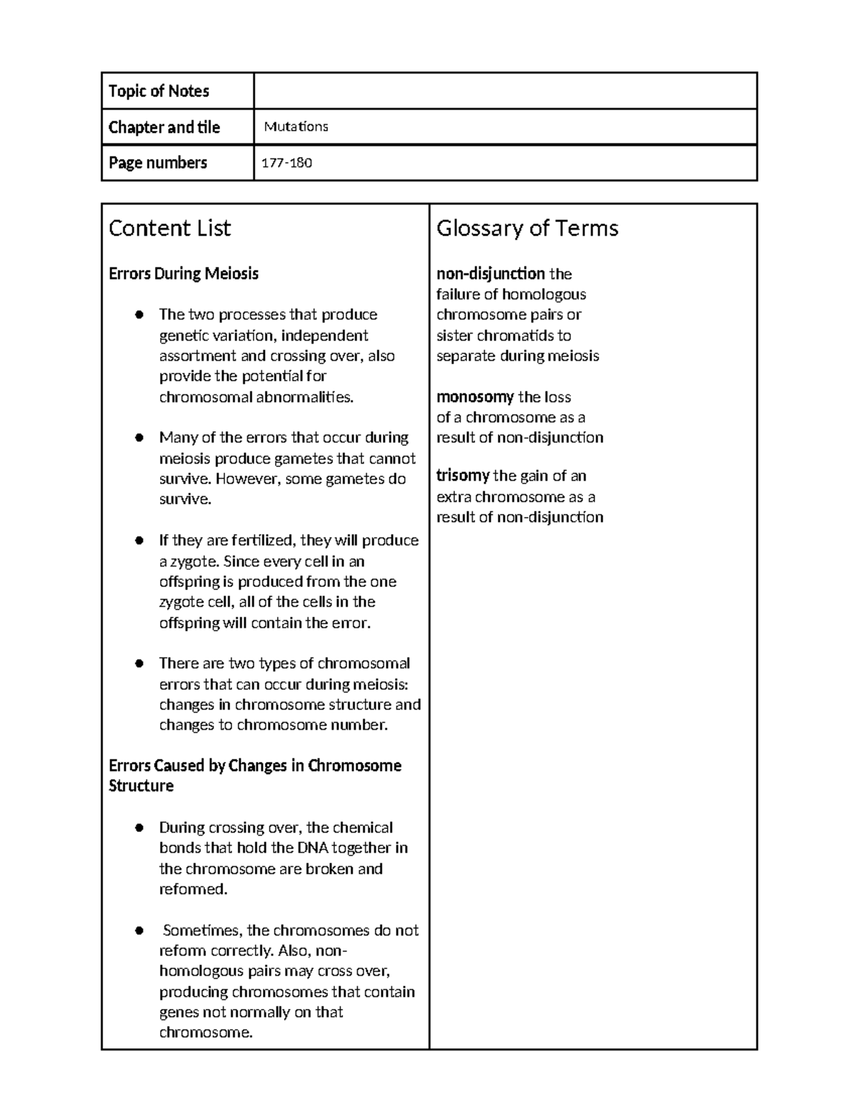 Chapter 4 Notes: Errors in Meiosis and Genetic Variation (Copy of 11 ...