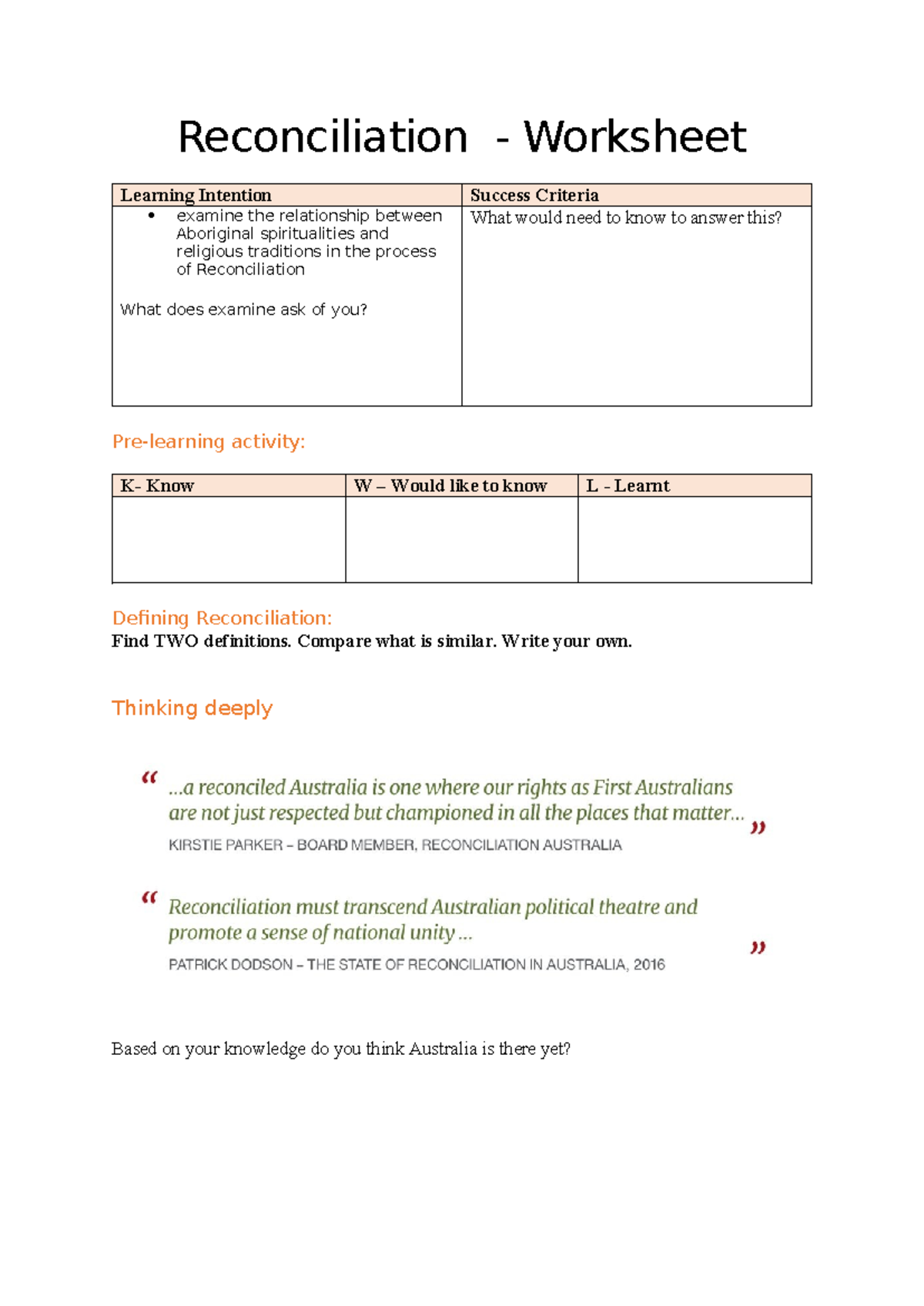Reconciliation Worksheet: Examining Aboriginal Spiritualities ...