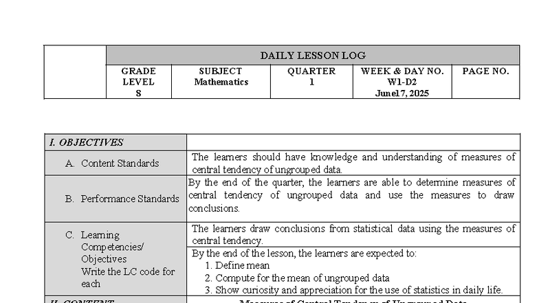 MATH 8 DLP - Q1-W1-DAY 2: Measures of Central Tendency Lesson Plan - Studocu
