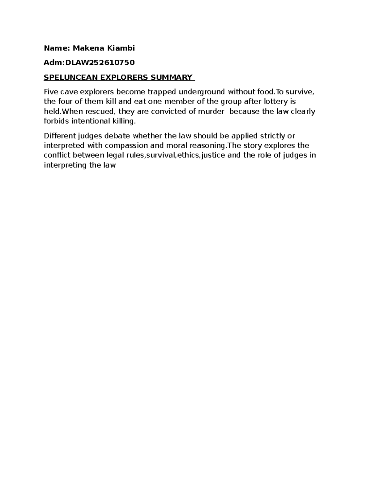 Assignment Makena kiambi - Name: Makena Kiambi Adm:DLAW SPELUNCEAN ...