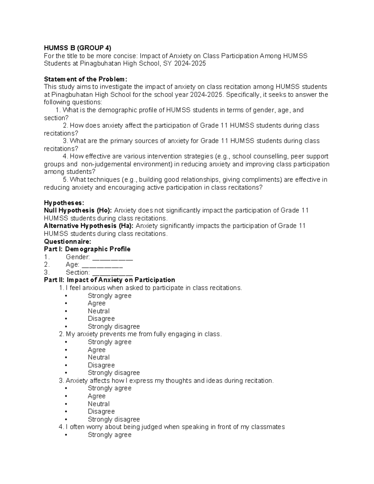 Revised Questionnaire - HUMSS B (GROUP 4) For the title to be more ...