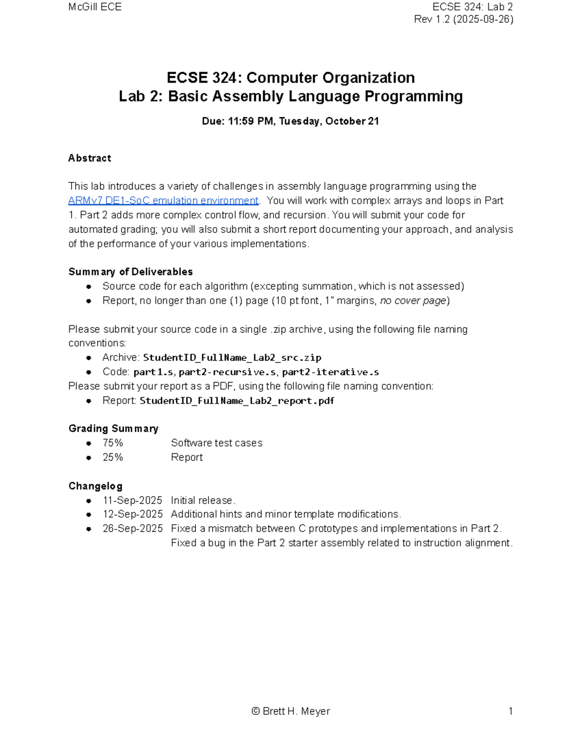 McGill ECSE 324: Lab 2 - Basic Assembly Language Programming - Studocu