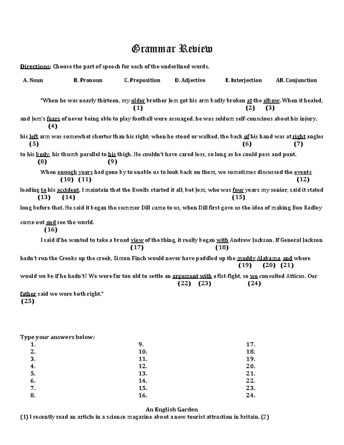 1SW Grammar Review: Parts of Speech Exercise and Corrections - Studocu