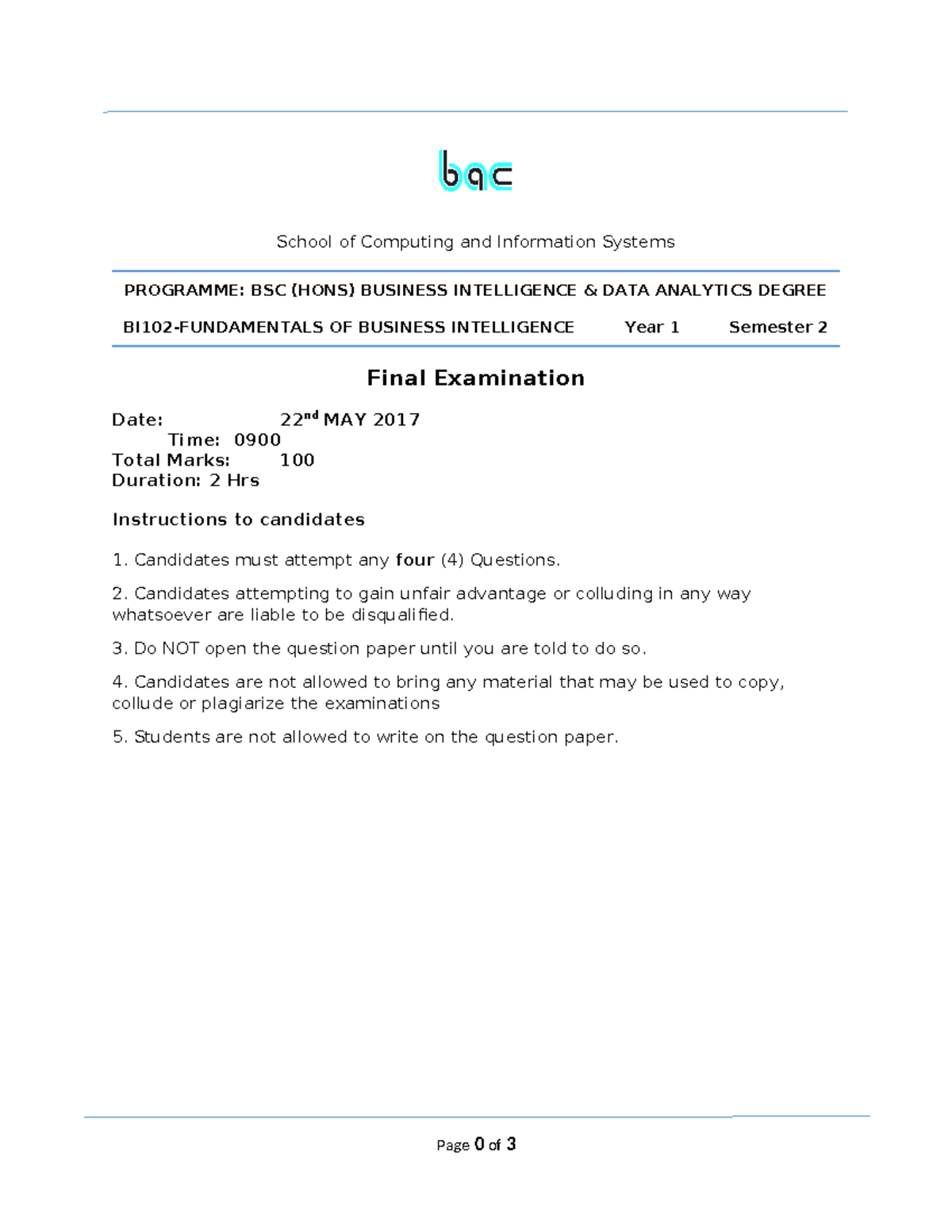 BI102 Fundamentals of Business Intelligence Final Exam 2017 Paper - Studocu