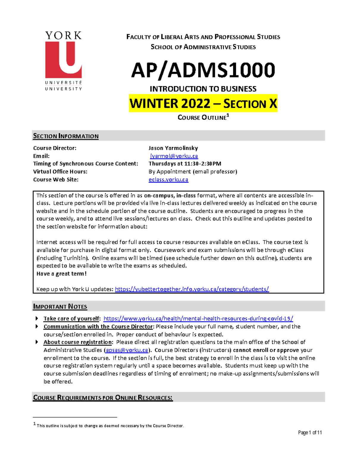 Intro to Business (ADMS1000) - Winter 2022 Course Syllabus & Schedule ...