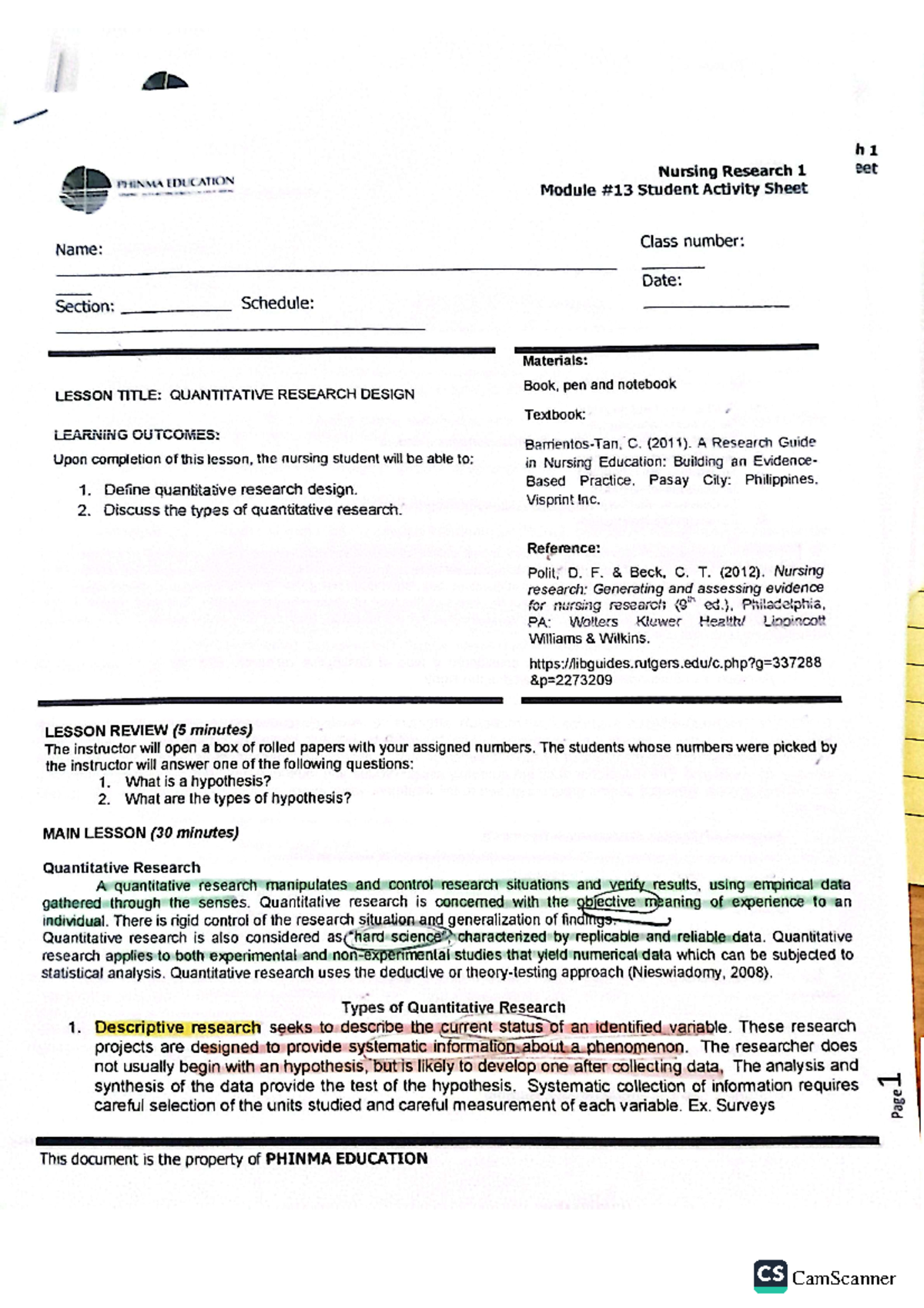 Nursing Research 1: Quantitative Research Design Activity Sheet - Studocu