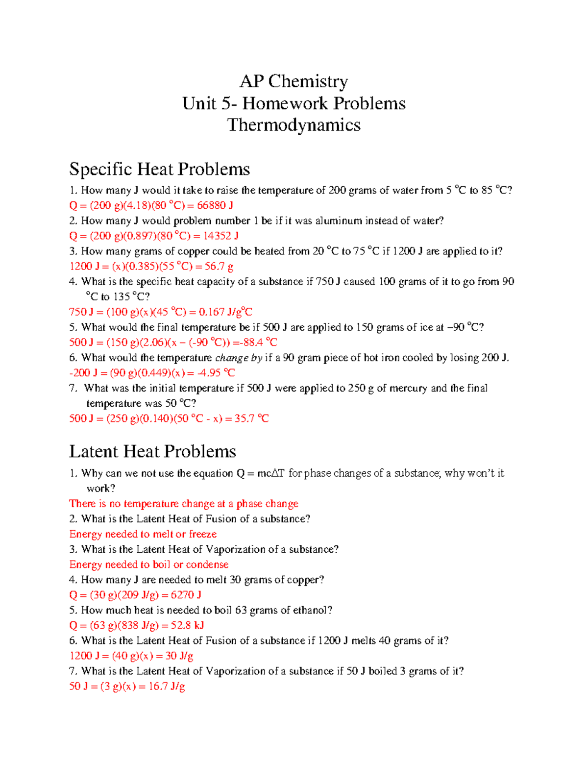 AP Chemistry (APC) Unit Homework: Thermodynamics & Specific Heat ...