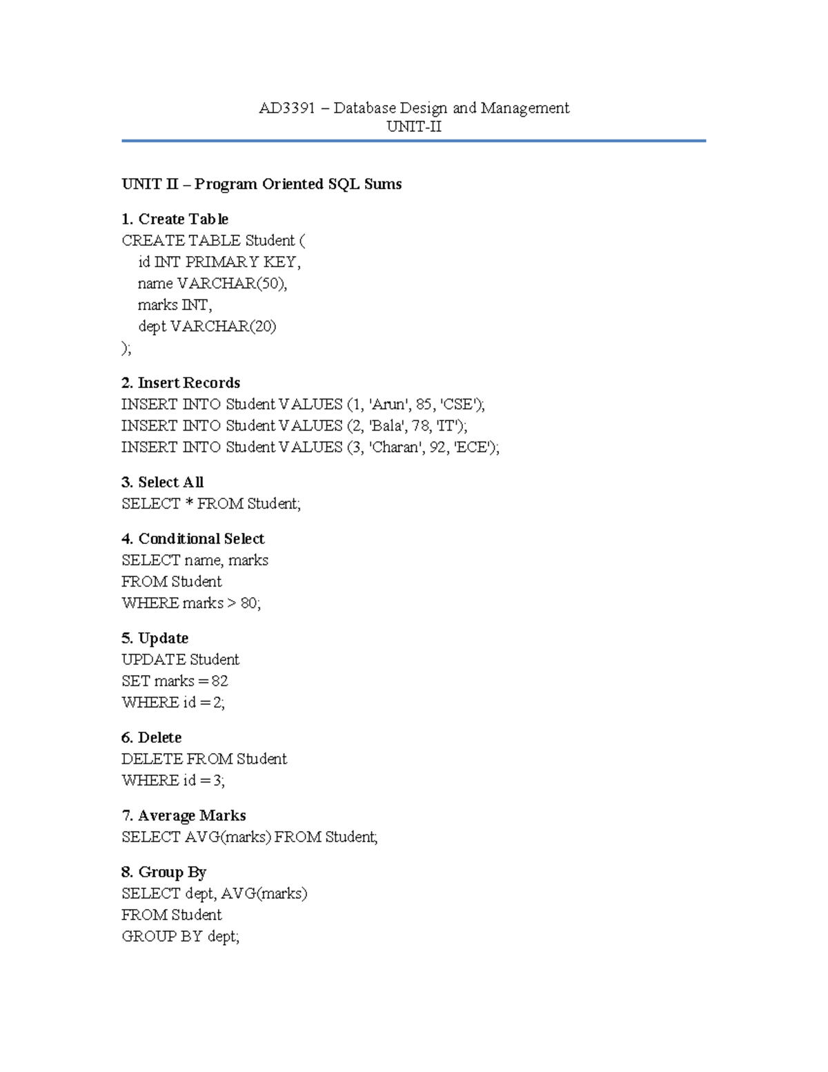AD3391 – Database Design & Management: SQL Program Sums Notes - Studocu