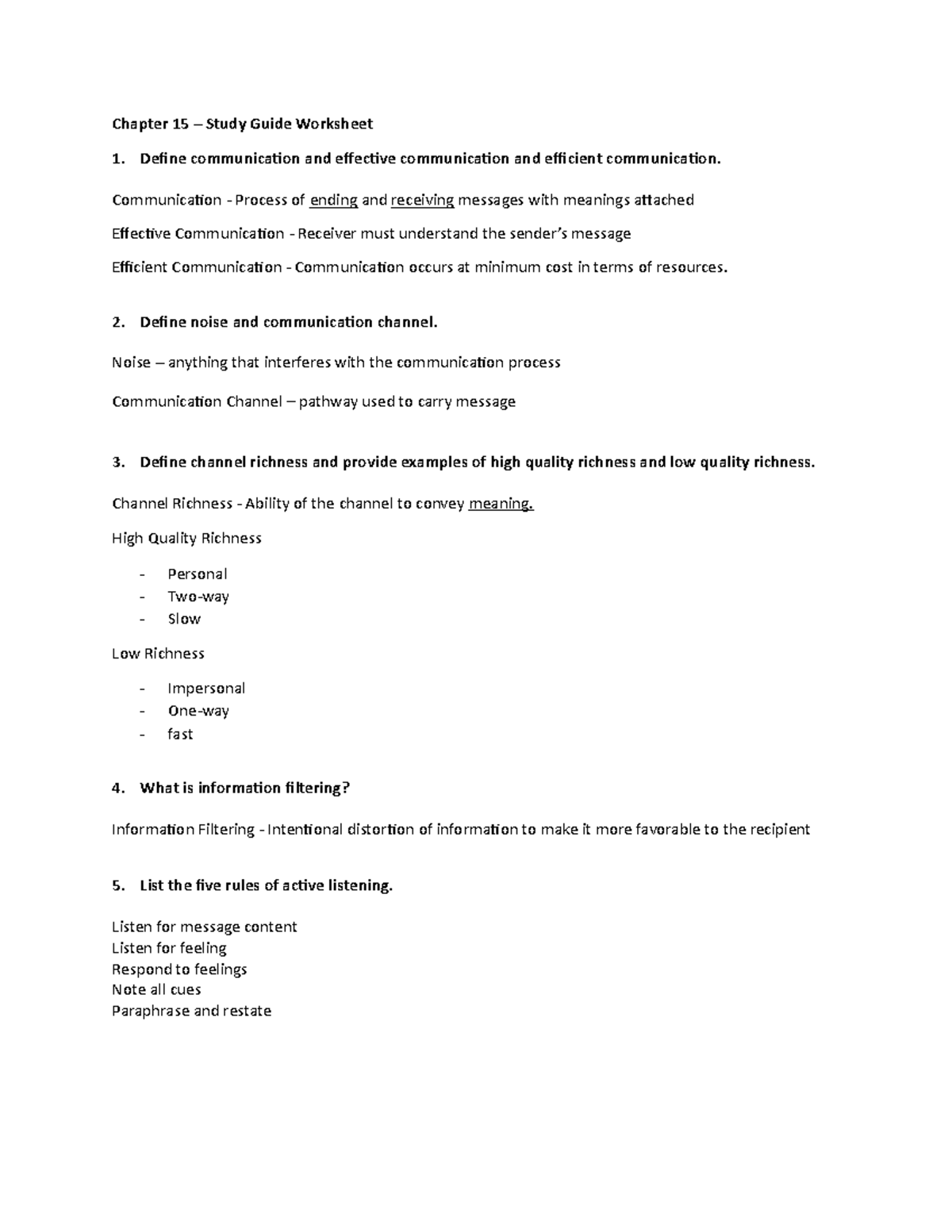 MGMT 301 Ch 15 Communication Study Guide Worksheet - Studocu