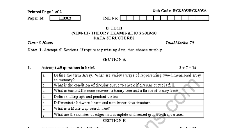 B. TECH 3rd Sem Data Structures Exam Paper RCS305 2020 - Studocu