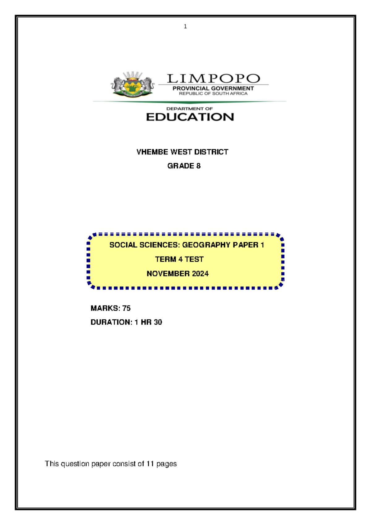 20244 GEOG 8 TERM 4 SOCIAL SCIENCES TEST - NOV 2024 - Studocu