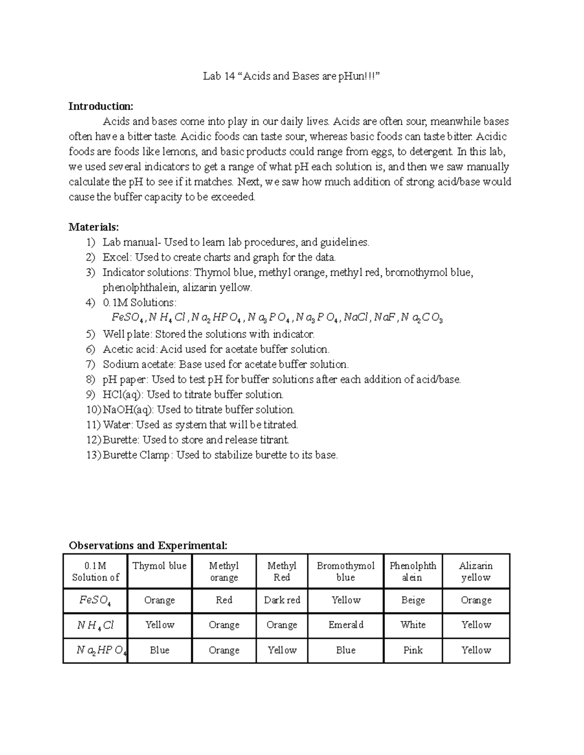 Chem lab 14 - chem 106 lab completed - Lab 14 “Acids and Bases are pHun ...