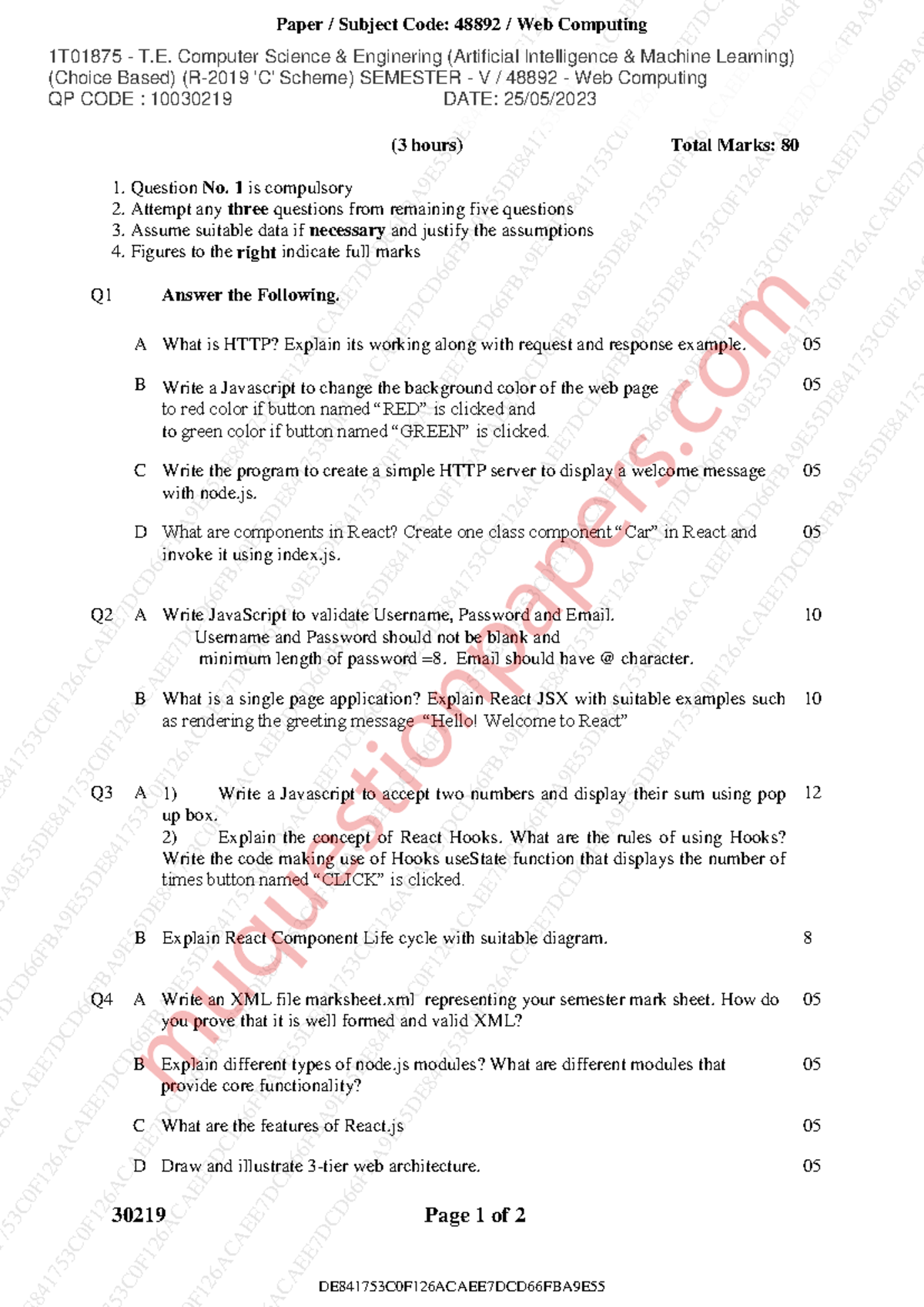 Revised Title: Web Computing Exam QP for CS & Engg (AI & ML) SEM 5 ...