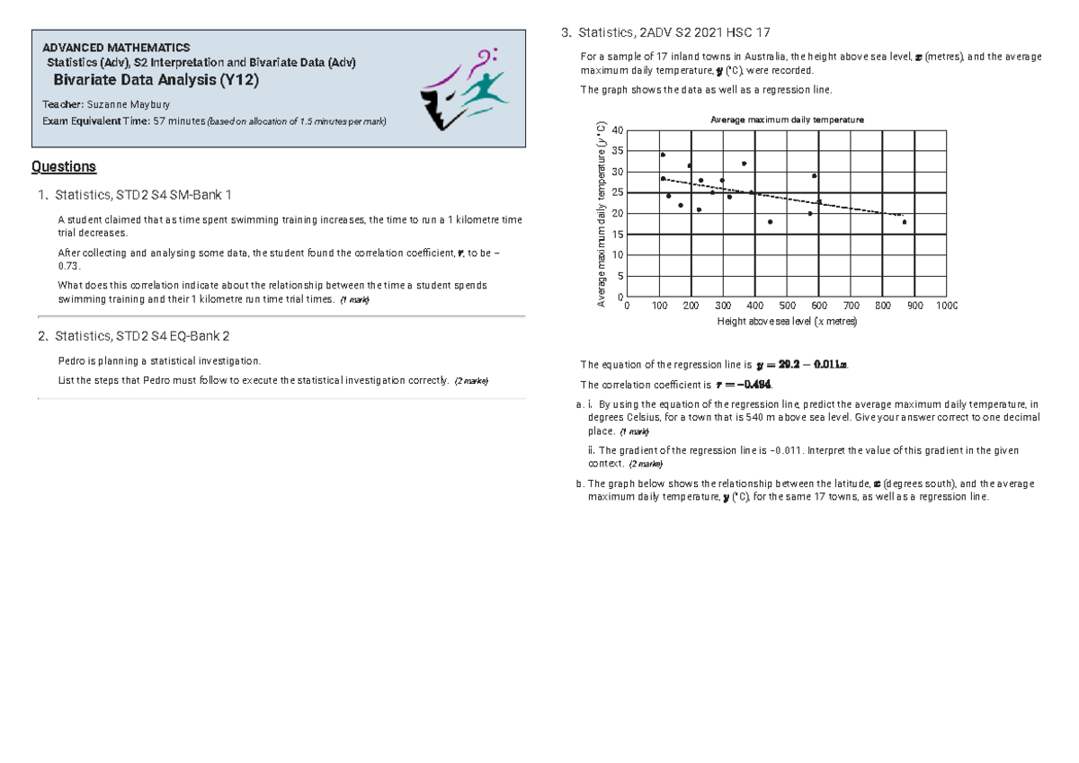 HSC 2023 Advanced Portfolio: Bivariate Data Analysis & Statistics - Studocu
