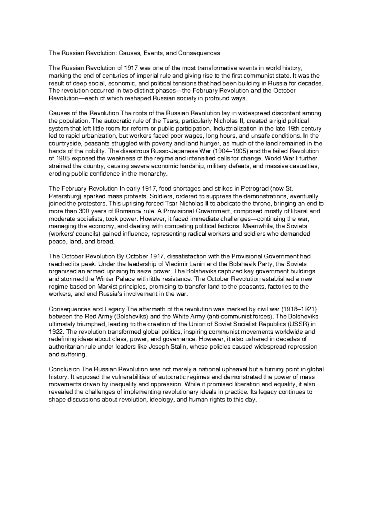 Russian Revolution Essay: Causes, Events, and Consequences - Studocu