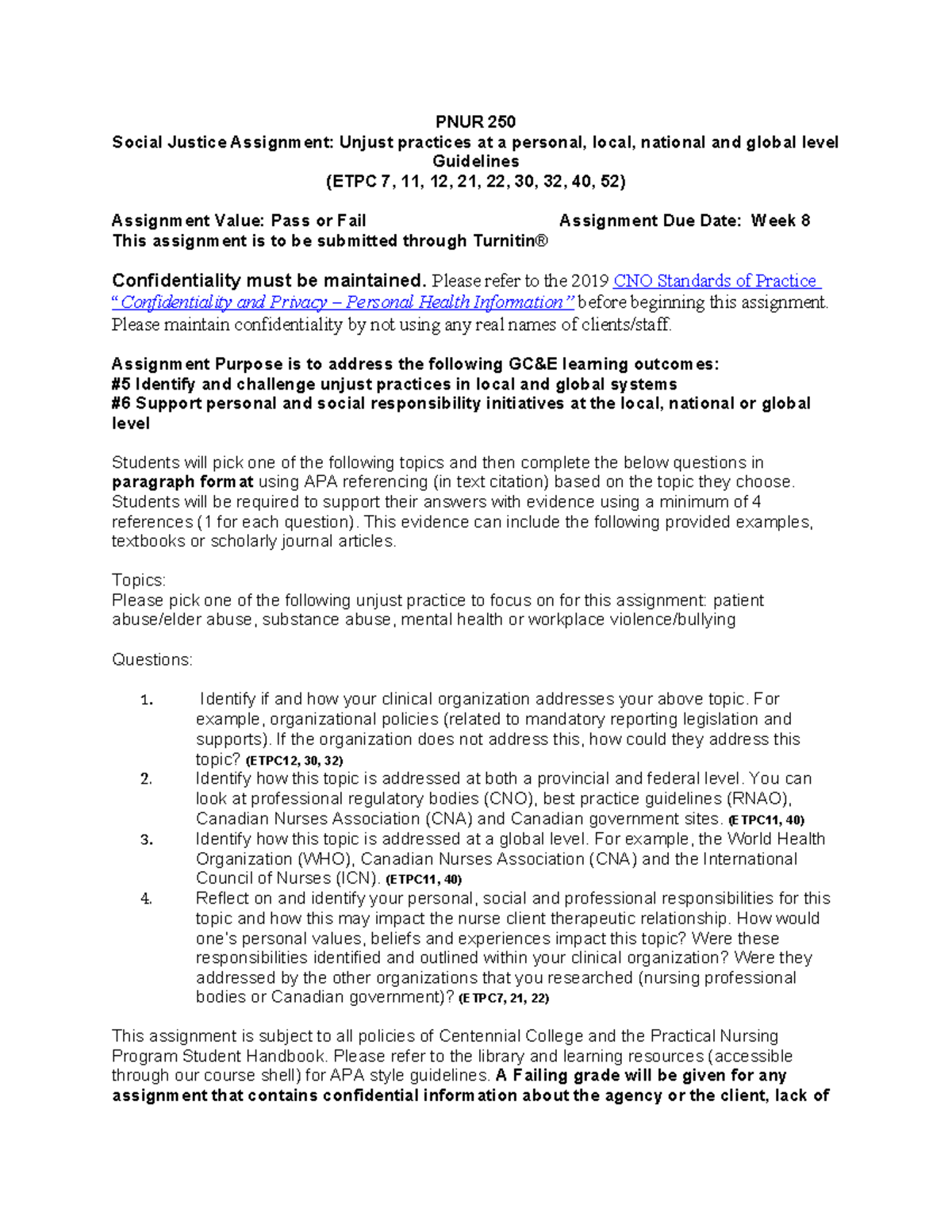PNUR 250 Social Justice Assignment Guidelines: Addressing Unjust ...