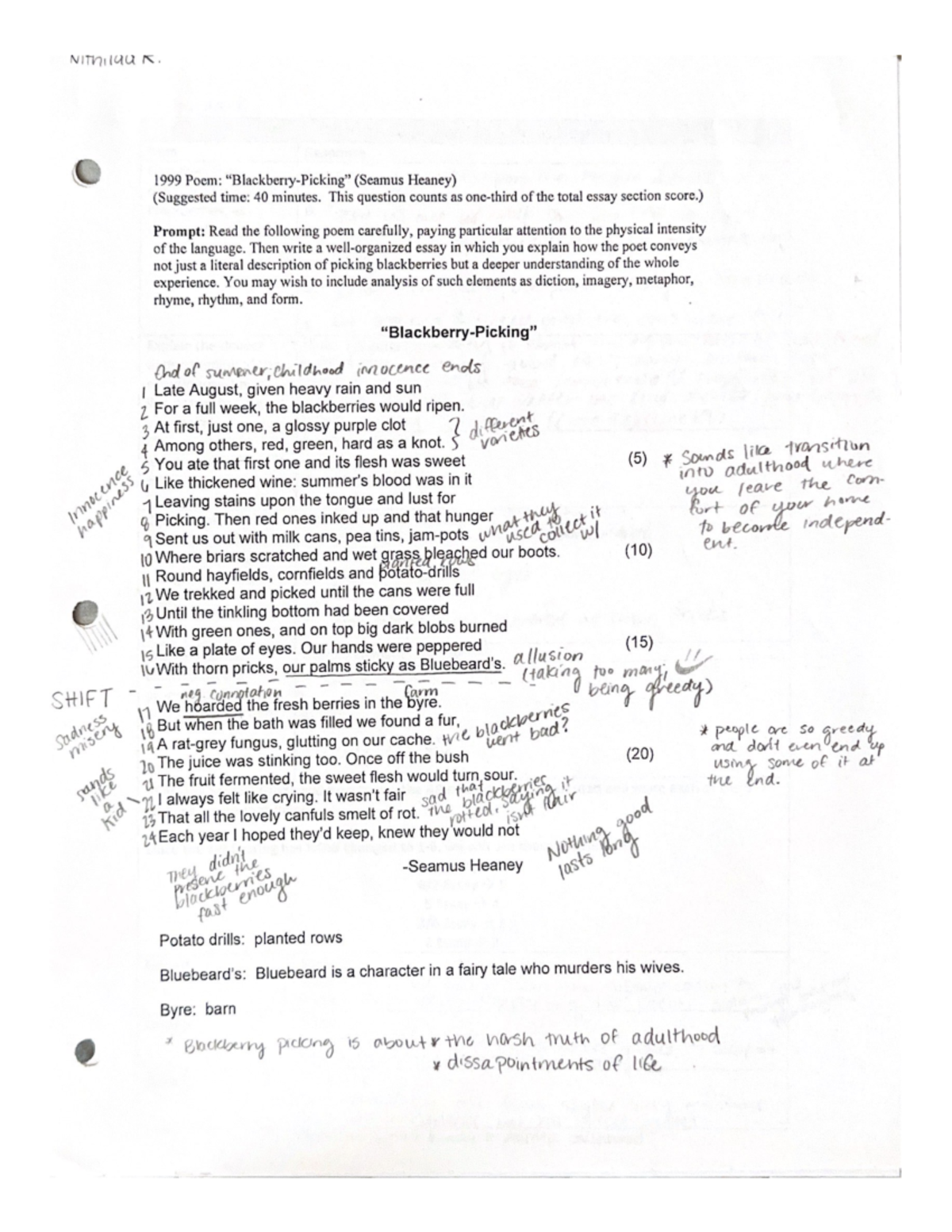 1999 Assignment on Seamus Heaney's Poem 'Blackberry-Picking' - Studocu