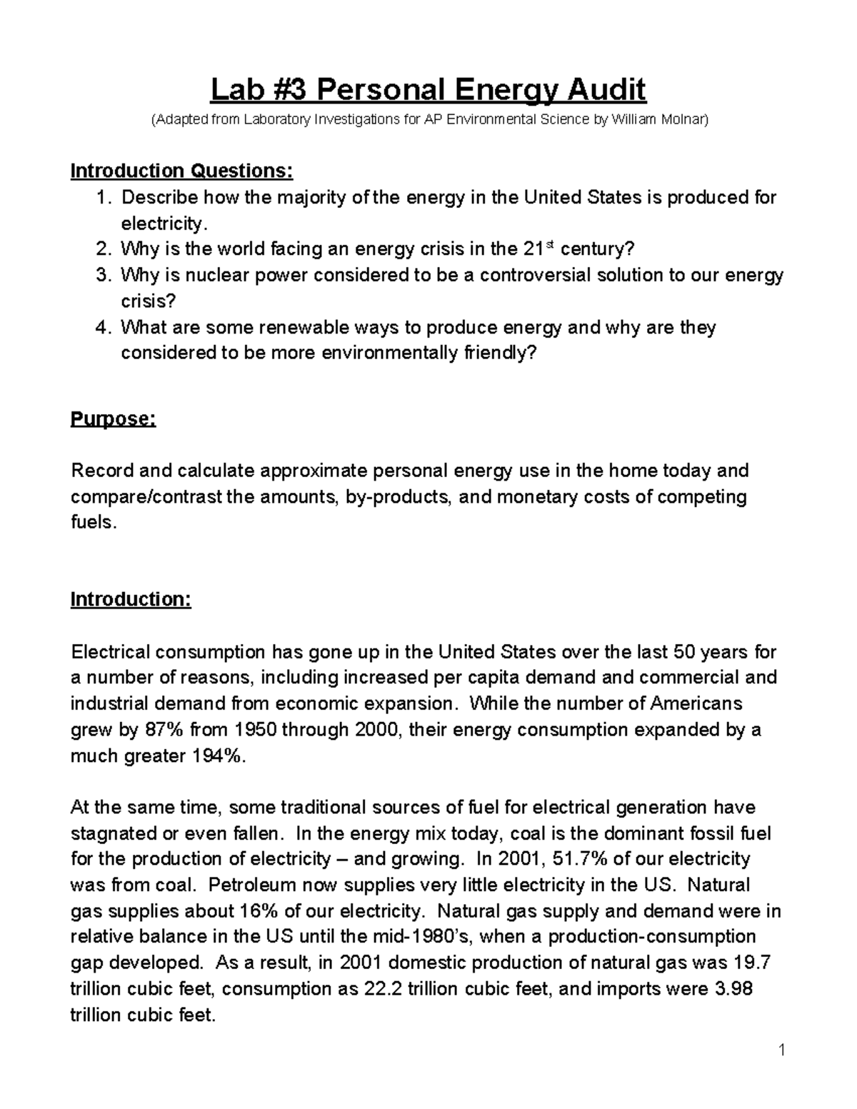 Lab 4 Personal Energy Use Audit - Lab #3 Personal Energy Audit (Adapted ...