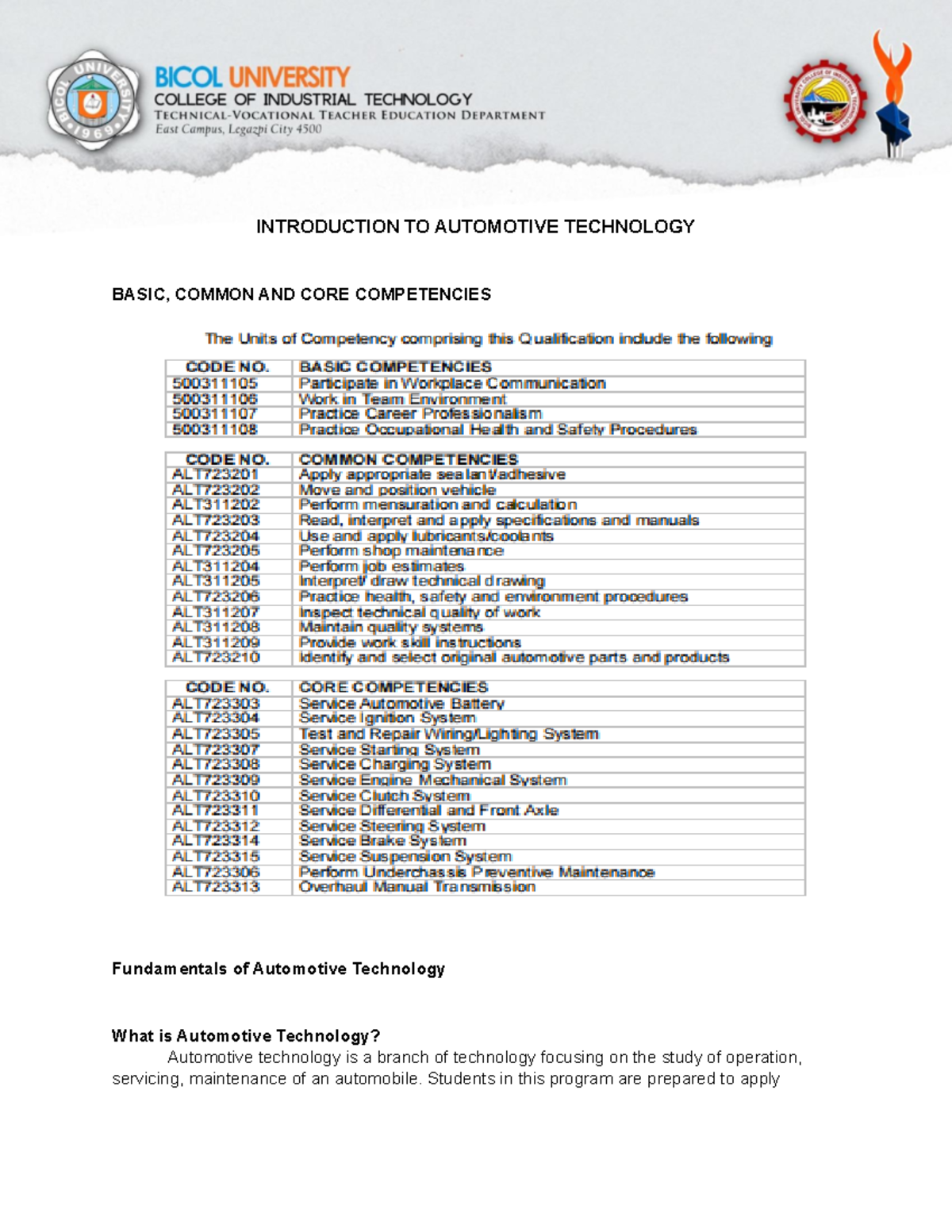 Introduction to Automotive Tech: Fundamentals & Core Competencies - Studocu
