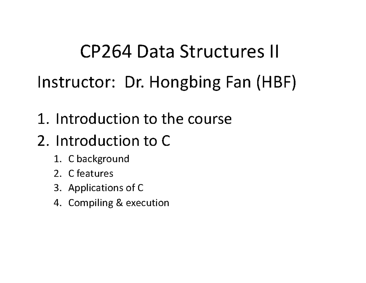 Cp264 Data Structures II lecture 1: Introduction to C programming - Studocu