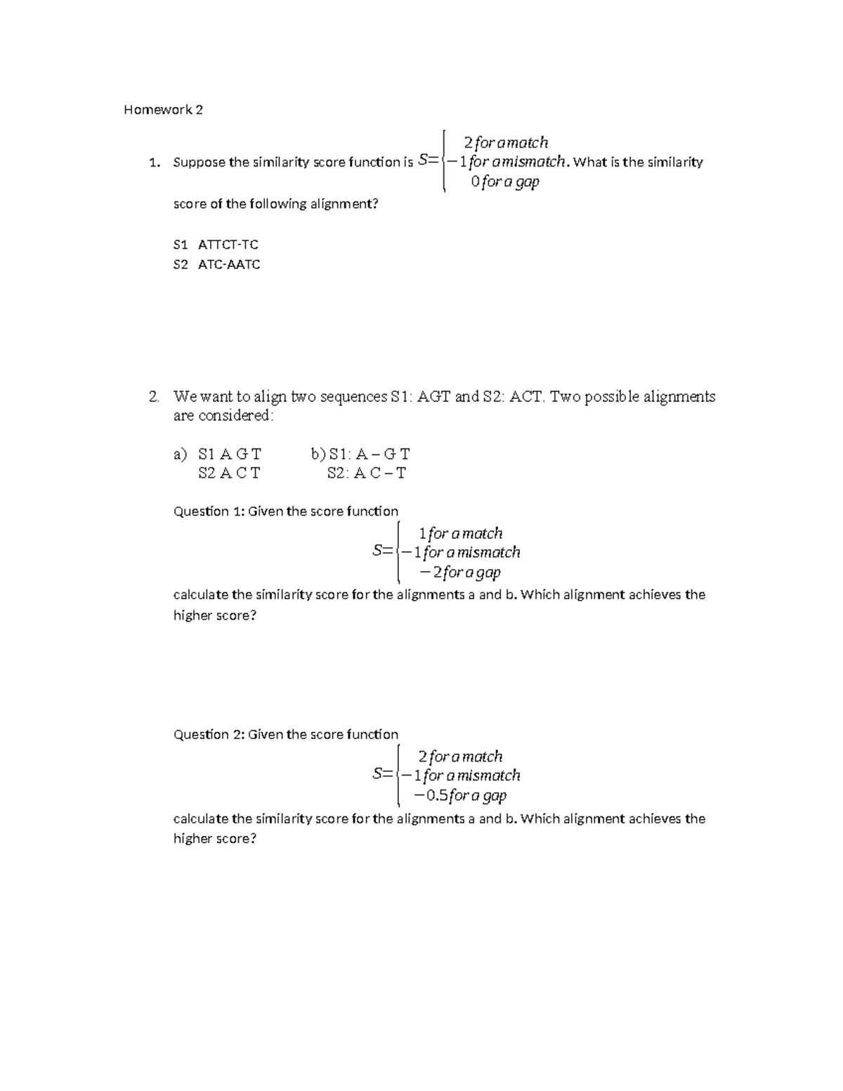 Homework 2: Similarity Score Calculations for Sequence Alignments - Studocu