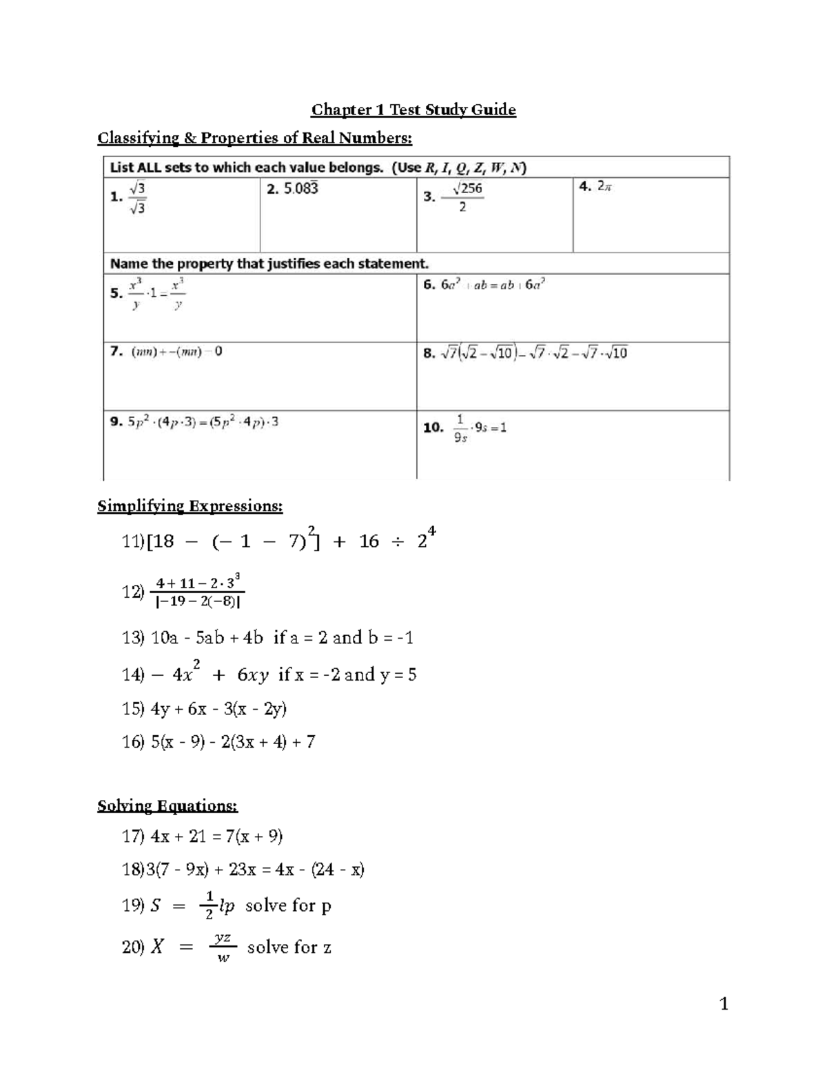 Chapter 1 Test Study Guide: Classifying Real Numbers & Solving ...